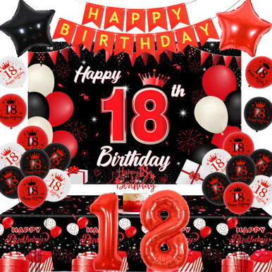Wonmelody 18th Birthday Decorations for Boys Girls Red Black Happy 18th ...
