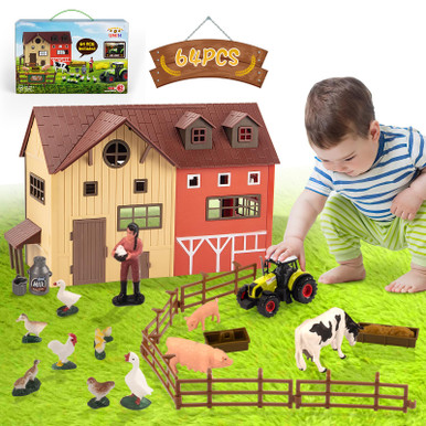 UNIH Farm Animals Farm Toys Playset, 64PCS Barn Farm Toys with Farm ...