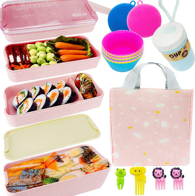 Jeffbaubl Bento Box Japanese Lunch Box Kit (16 PCS) 3-In-1 Compartment ...