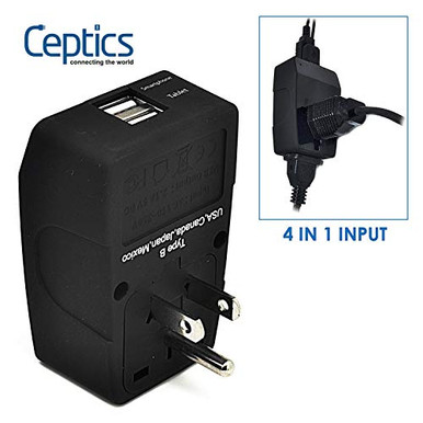 Ceptics 2 USB USA Travel Adapter 4 in 1 Power Plug (Type B) - Universal ...