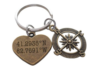 Custom Bronze Compass Keychain with Engraved Coordinates Heart Tag for ...