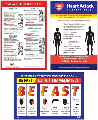 First Aid Posters 3-Pack: (1) CPR and Choking Steps (1) BE FAST Stroke ...