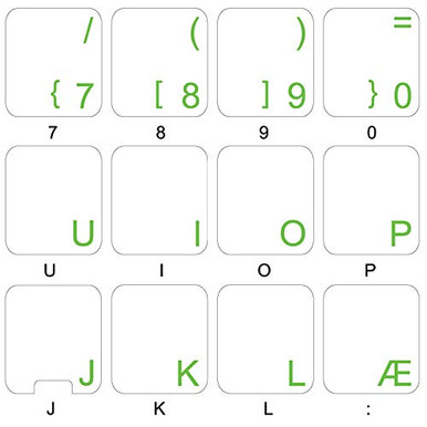 4Keyboard Danish Keyboard Stickers with Green Lettering ON Transparent ...