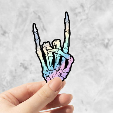 Skeleton Metal Horns Symbol Holographic Sticker for Laptops, Drinkware ...