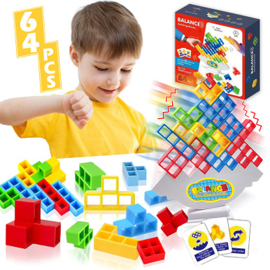 DEICIT Tower Balance Stacking Blocks Game 64pcs Stack High Child ...