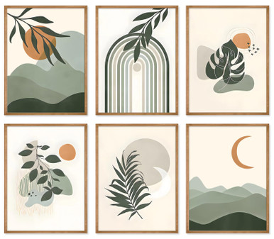 Sage Green Boho Wall Art Prints, 6 Pieces Green Mountain Sun Palm Leaf ...