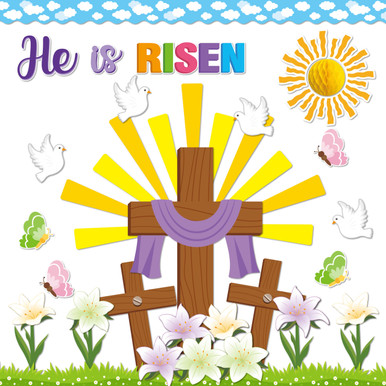 BeYumi 95Pcs Easter He is Risen Cross Bulletin Board Set Sun Honeycomb ...