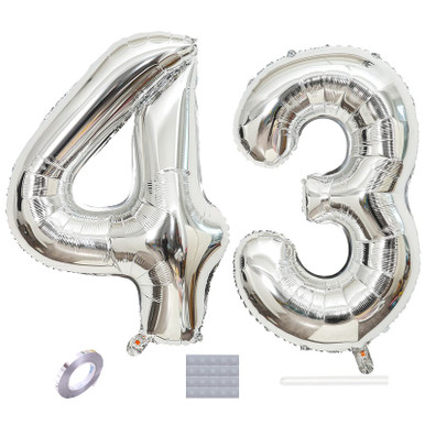 QWEQWE Silver Number 43 Balloons 40" Foil Number Balloon 43th Birthday ...