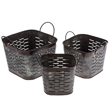Dark Galvanized Metal Square Olive Buckets, Set of 3 - Warehousesoverstock