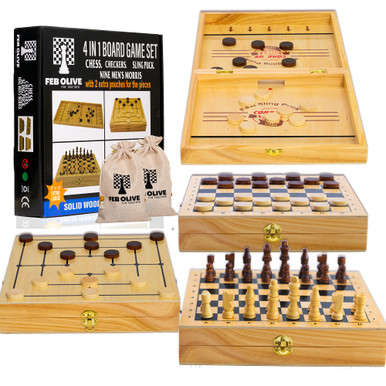 4 in 1 Board Game Set - Extra Large Sling Puck Game Wooden Chess Board ...