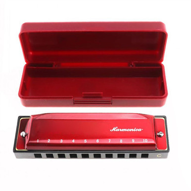 10 Holes Red Harmonica Stainless Steel Diatonic Harp Musical Instrument ...