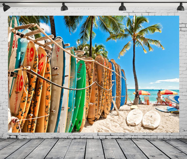 CORFOTO 10x8ft Fabric Beach Surfboard Photography Backdrop Palm Trees ...
