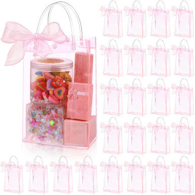 Aliceset 24 Pcs Clear Plastic Gift Bags with Pink Bow Ribbon Clear PVC ...
