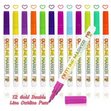 12 Gold Double Line Outline Markers Pens, Self Outline Metallic Marker ...