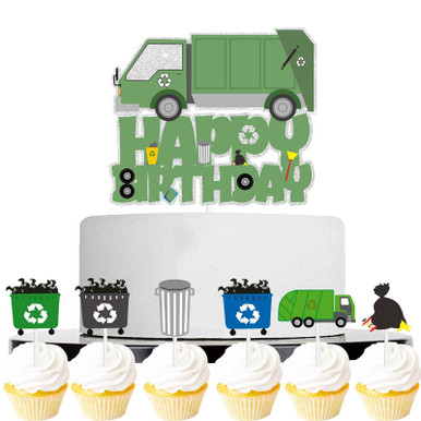Green Glitter Garbage Truck One Cake Topper and 6PCS Dessert Cupcake ...