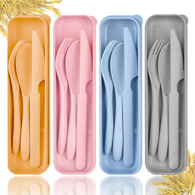 Travel Utensil Set with Case, 4 Sets Wheat Straw Silverware Reusable ...
