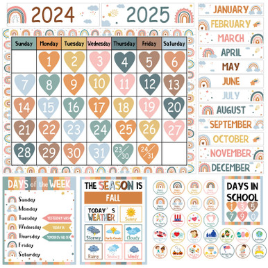 Qyeahkj 110pcs Boho Rainbow Classroom Calendar Set Bulletin Board Sets ...