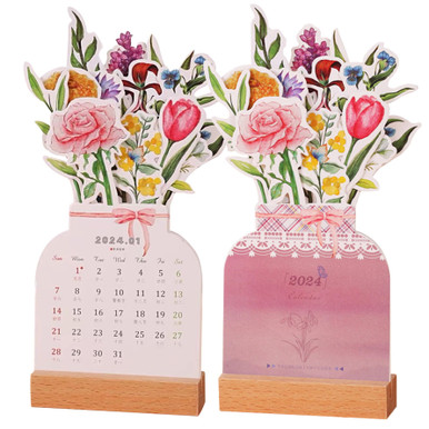 2Pcs Desk Calendar 2024, Bloomy Flowers Desk Calendar Creative Vase ...