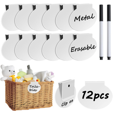 12 Pack Metal Basket Labels Clip On for Storage Bins, Basket Tags White ...