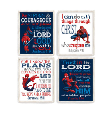 Spiderman Superhero Christian Bible Verses Nursery Set of 4 Unframed ...
