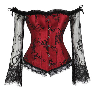 SZIVYSHI Red Corset Tops for Women with Sleeves, Bustier Overbust Lace ...