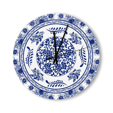 Chinoiserie Blue and White Porcelain Rustic Wood Round Wall Clock ...