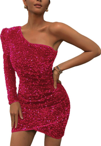 Elegant Sequin One Shoulder Mini Dress Sparkly one Sleeve Sequin ...