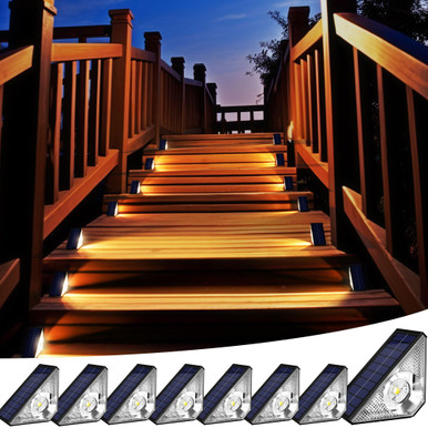 JACKYLED Solar Step Lights, 8 Pack Outdoor Stair Lights Warm White & 7 RGB Triangle Solar Deck ...