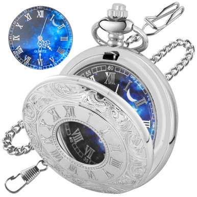 Tiong Vintage Pocket Watch Roman Numerals Scale Blue Starry Night Moon ...