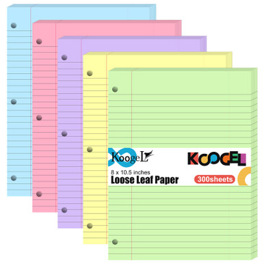 Koogel 300 Sheets Loose Leaf Paper, College Ruled Binder Paper Colorful ...