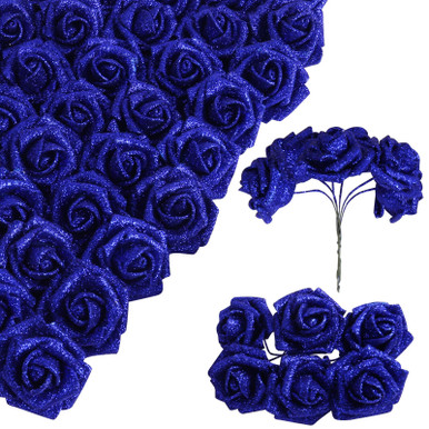 INSUNSIX Glitter Flowers, 60pcs Royal Blue Glitter Roses 1.57in Glitter ...