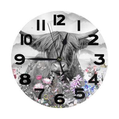 VARUN Round Wall Clock Farmhouse Highland Cow Cattle with Flowers ...
