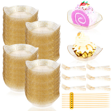 100 Pack 1oz Gold Mini Dessert Plates with Forks Toothpicks Set Gold ...