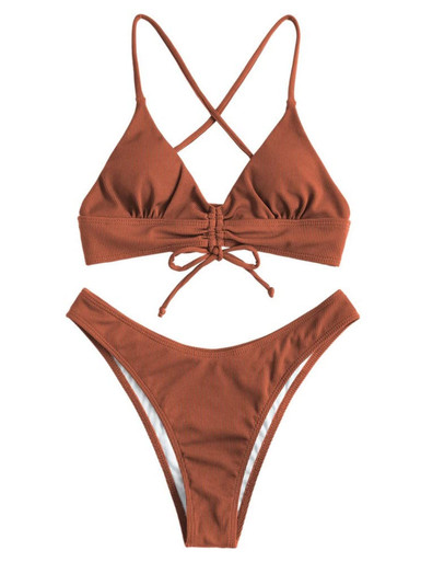 ZAFUL Women's Sexy Brazilian Triangle String Bikini Set Ribbed Lace Up ...