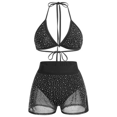 Women's Mesh Sheer Sparkle Rhinestone Bikini Sets Halter Bikini Bra Top ...