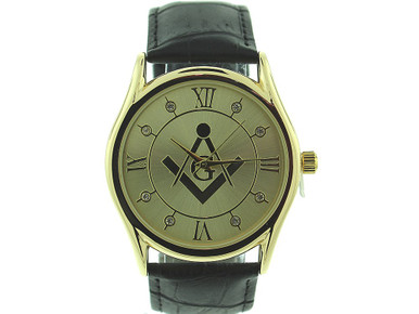 Men's Gold Tone Leather Band New Luxurious Masonic Watch with Premium ...