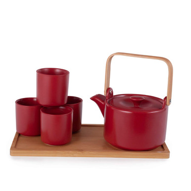 Fuji Merchandise Contemporary Style Tea Serving Set Wooden Tray Ceramic ...