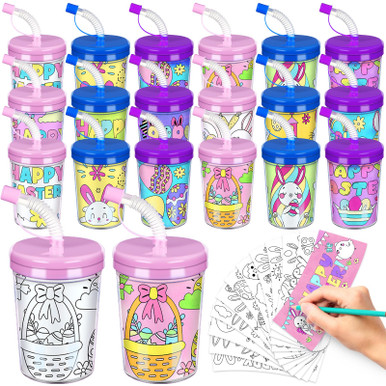 Tisancy 24 Pcs DIY Easter Coloring Cups for Kids Bulk 10 oz Plastic ...