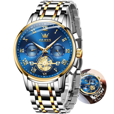 Gold and Blue Mens Watch Chronograph Two Tone Luxury Stainless Steel ...
