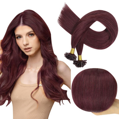 Full Shine Wine Red U tip Hair Extensions Human Hair Color 99j Burgundy ...