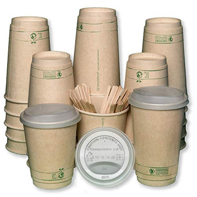 Compostable Disposable Coffee Cups To Go with Lids, Wooden Stirrers ...