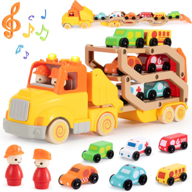 Atoylink 9 in 1 Wooden Car Carrier Truck Toys with Lights & Sounds, 3 ...