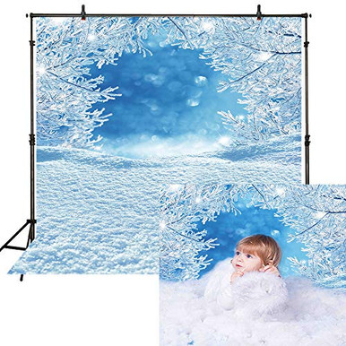 Funnytree 8x8ft Christmas Snow Frozen Tree Backdrops for Photography Winter White Bokeh Blue ...