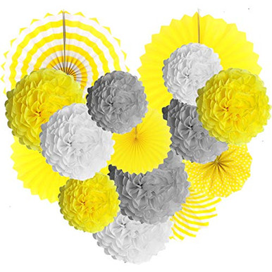 Yellow Hanging Paper Fans Pom Poms Decorations - You are My Sunshine ...