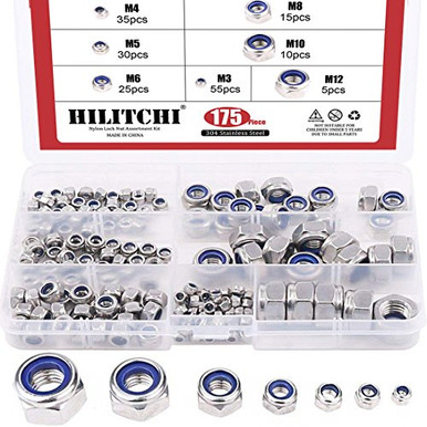 Hilitchi 175-Piece Stainless Steel Nylon Lock Nut Assortment Kit, Size ...