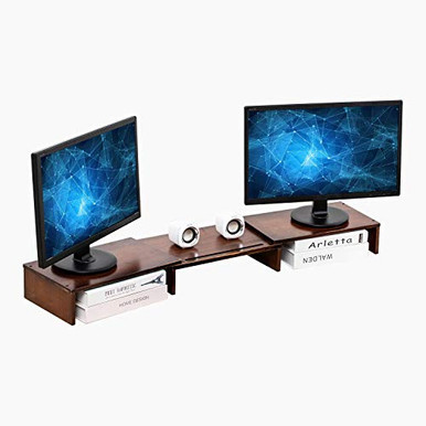 HUVIBE Bamboo Dual Monitor Stand Riser with Length and Angle Adjustable ...