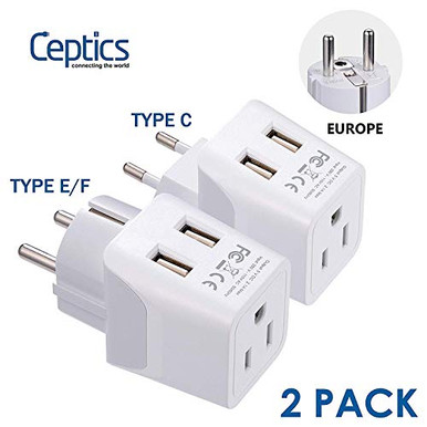 Europe Schuko Travel Adapter Plug Set by Ceptics - with 2 USB + USA ...