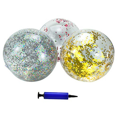 Timoo Glitter Beach Ball with Pump Set, 3 PCS Big Inflatable Ball 14 ...