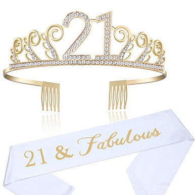 BABEYOND 21st Birthday Tiara and Sash Crystal Happy Birthday Crown and ...