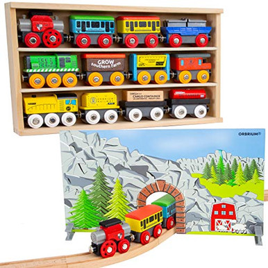 Orbrium Toys 12 (20 Pcs) Wooden Engines & Train Cars Collection + Dual ...